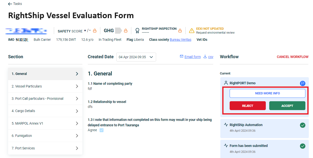 How to request and review a RightShip Vessel Evaluation Form